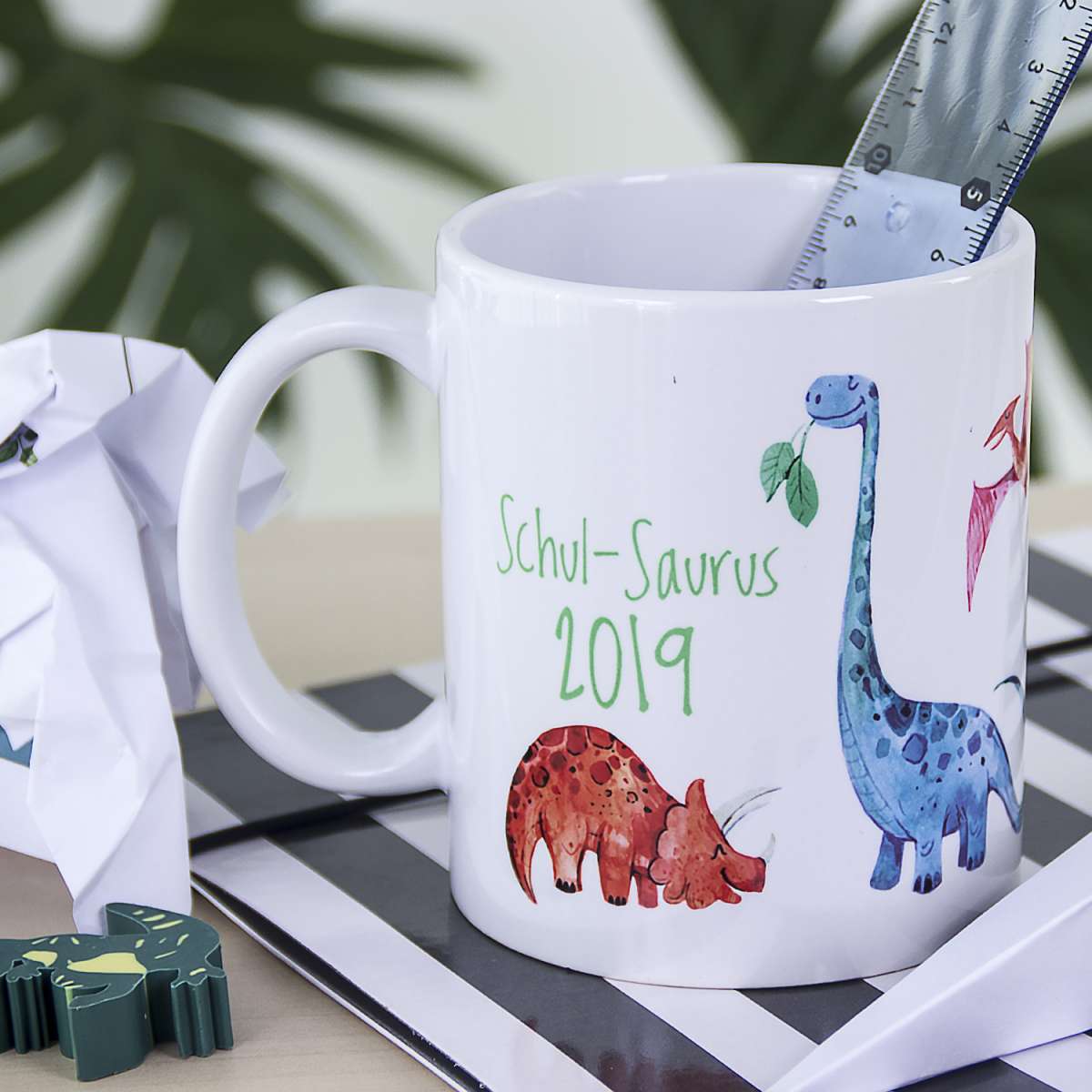Tasse Einschulung Junge Dino mit Namen - Geschenkidee Schulbeginn