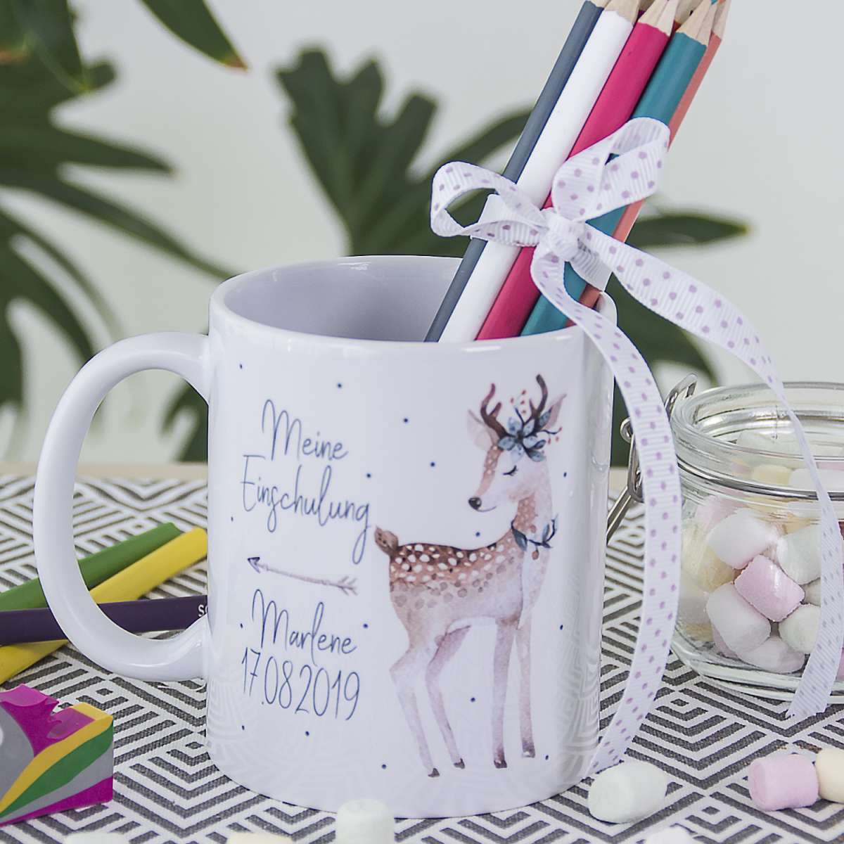 Personalisierte Tasse - Geschenk Einschulung Mädchen - Rehkitz Motiv