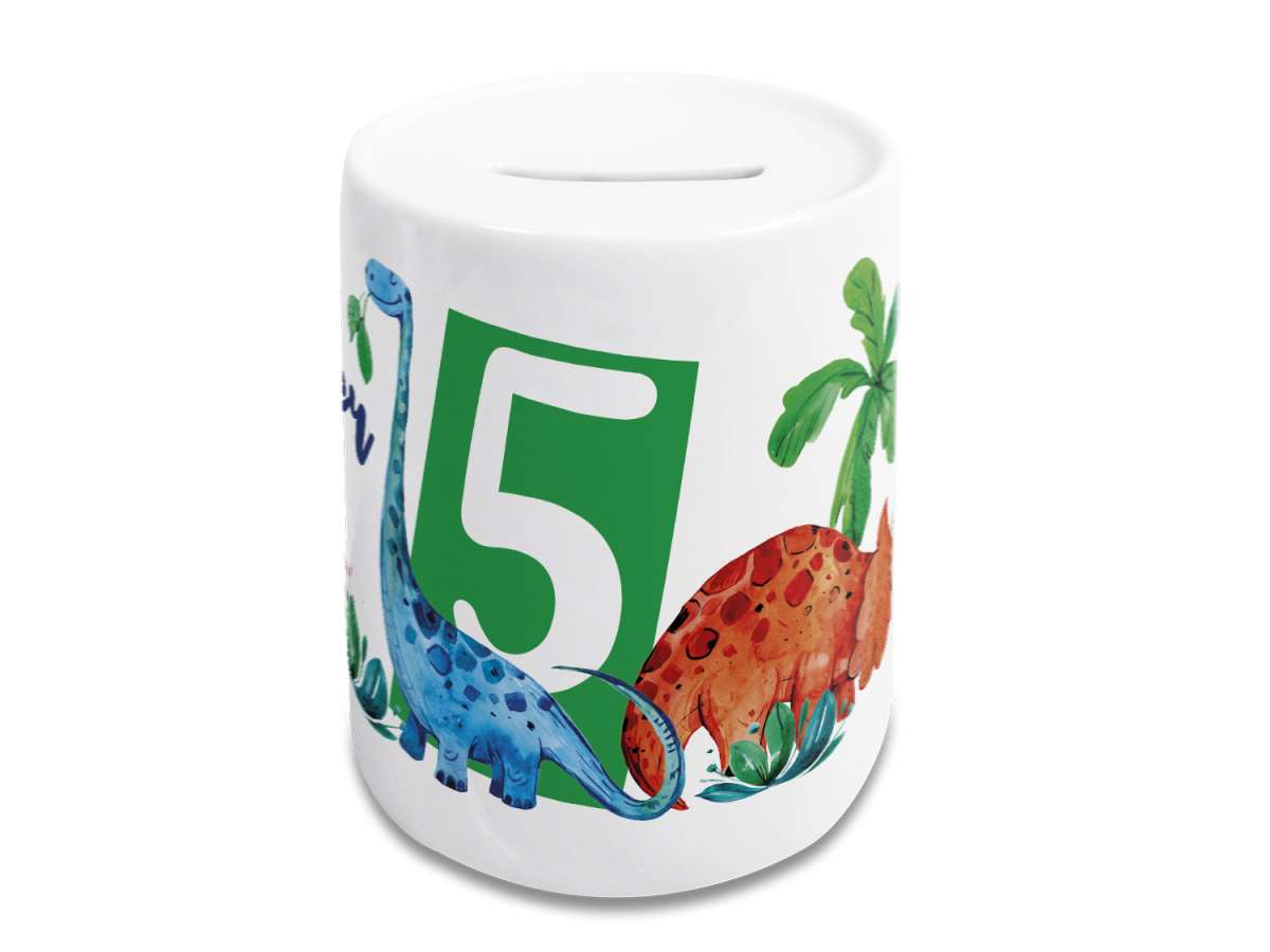 Spardose personalisiert mit Name und Zahl für Jungen, Dinosaurier