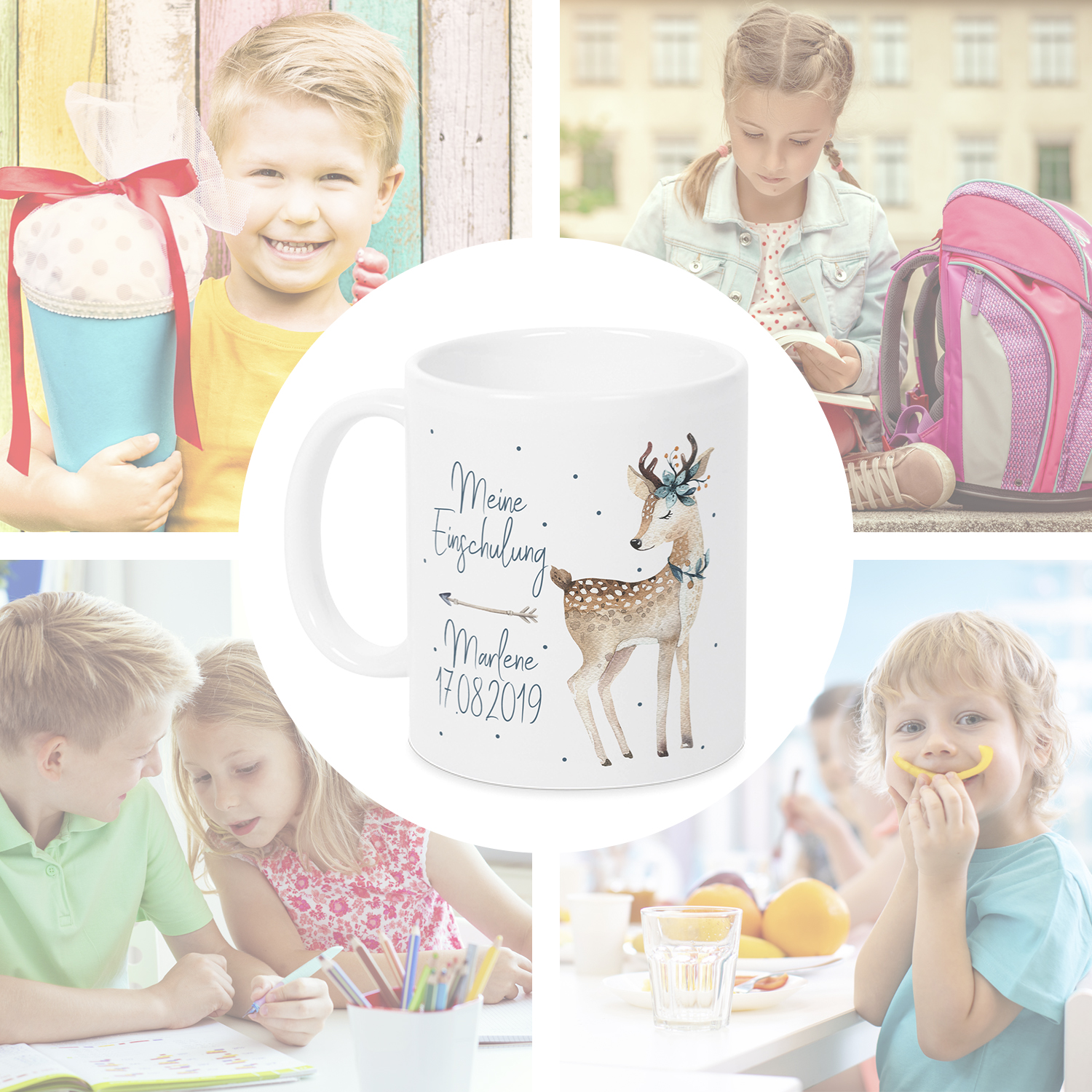 Personalisierte Tasse - Geschenk Einschulung Mädchen - Rehkitz Motiv