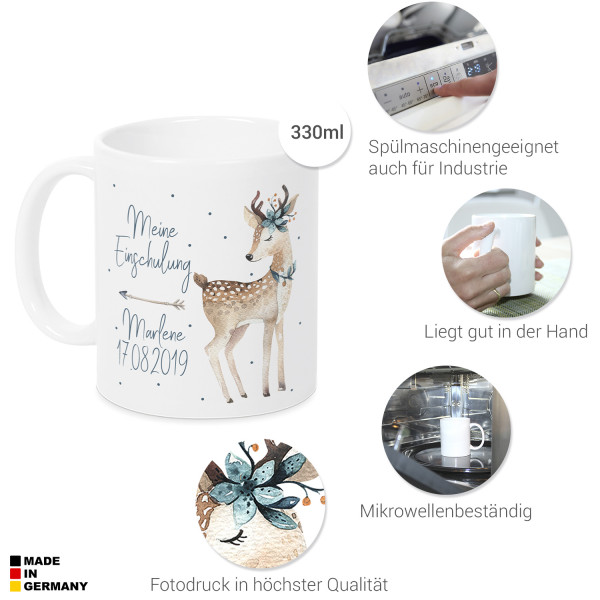 Personalisierte Tasse - Geschenk Einschulung Mädchen - Rehkitz Motiv