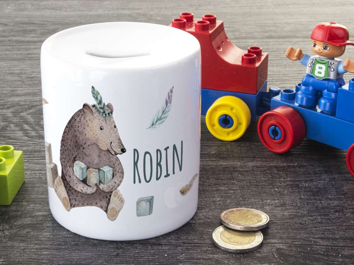 Spardose für Kinder, Jungs mit Name und Bär