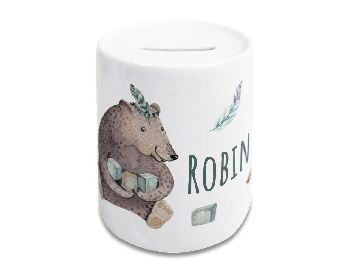 Spardose Kinder Jungen mit Namen Bär mit Feder